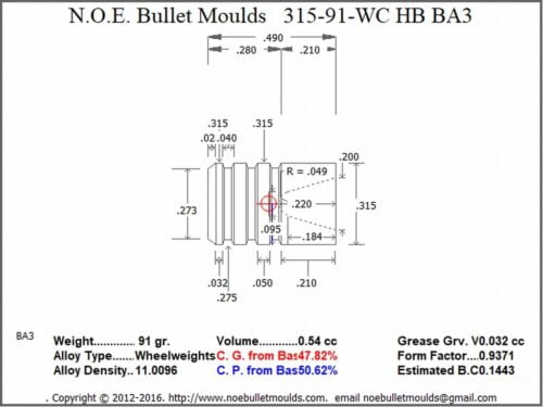315-91-WC-BA3 2 Cavity RG2 HB | NOE Bullet Moulds